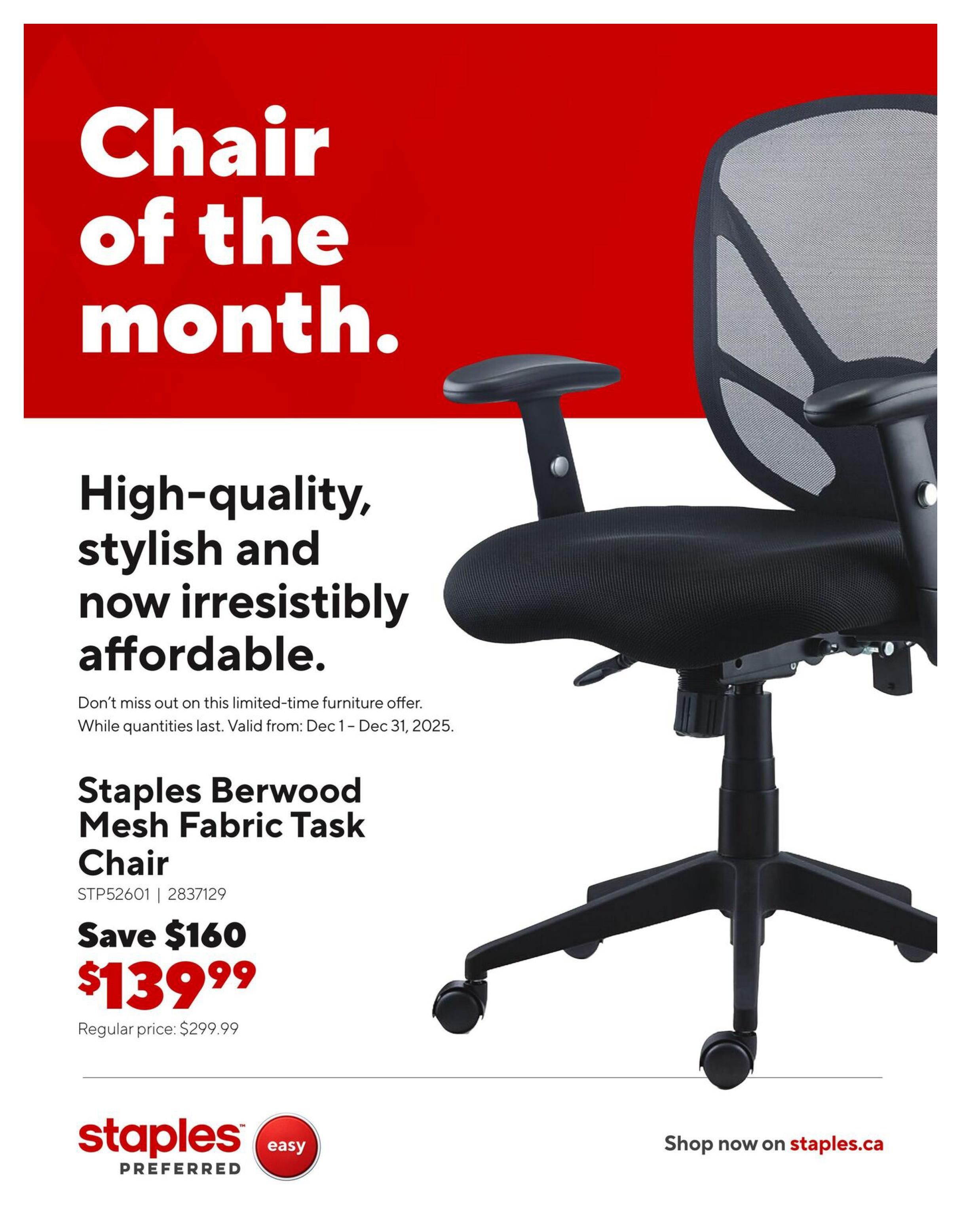 Staples - Chair of the month Flyer from Dec 16th to Dec 31st 2025 ...